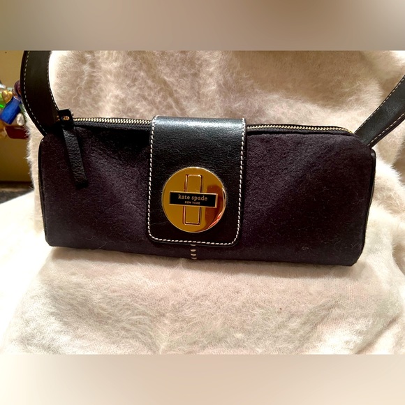 kate spade | Bags | Kate Spade Black Felt Leather Trim Purse Bag Wgold ...